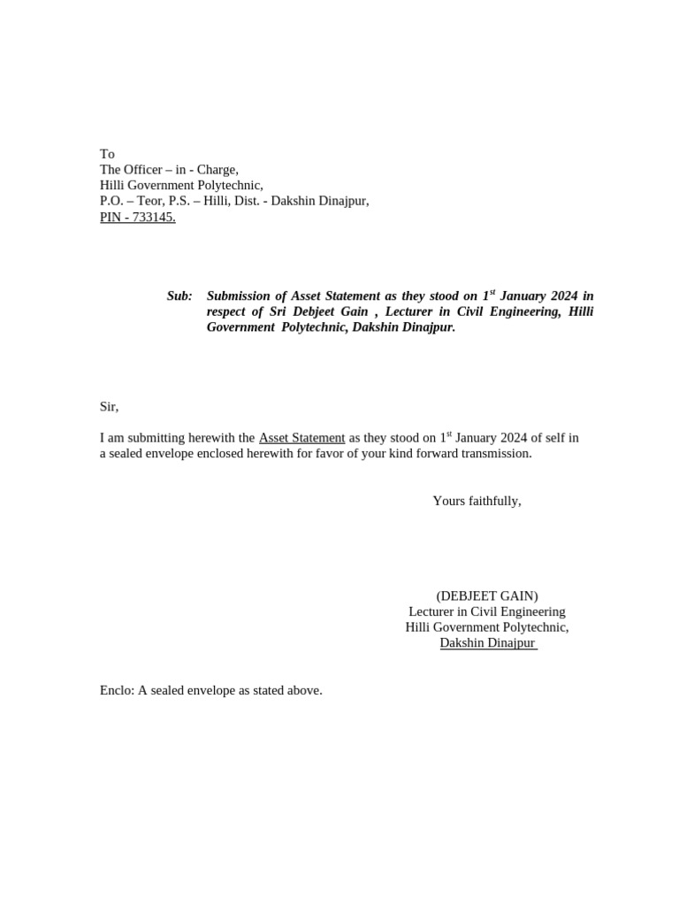 Cover Letter - Asset Statement-2024 | PDF