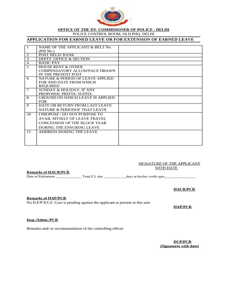 Delhi Police Earned Leave Application Form | PDF