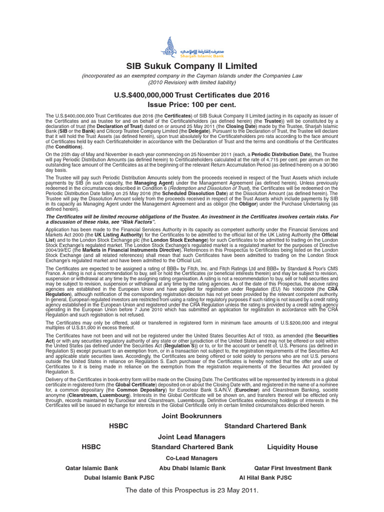 SIB Sukuk Company II Limited Trust Certificates | PDF | Market ...
