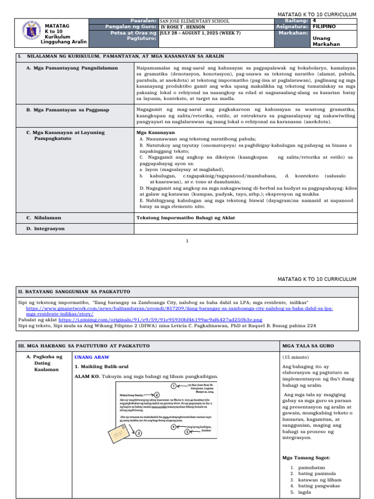 Dll Matatag _filipino 4 q1 w7 | PDF