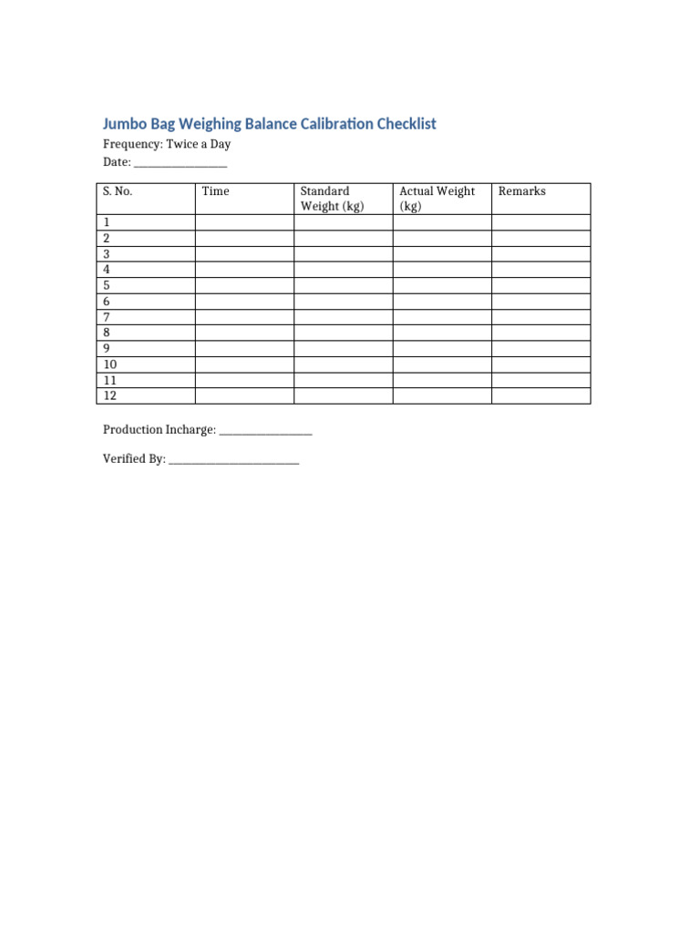 Jumbo Bag Weighing Balance Calibration Checklist | PDF