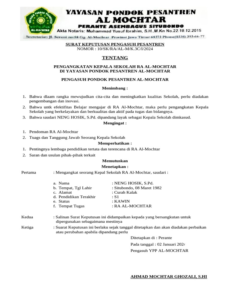Surat Keputusan Pengasuh Pesantren | PDF