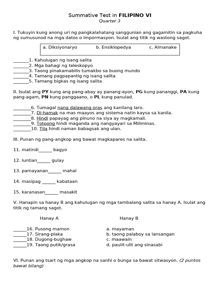 Summative Test in Filipino VI - Q3 | PDF