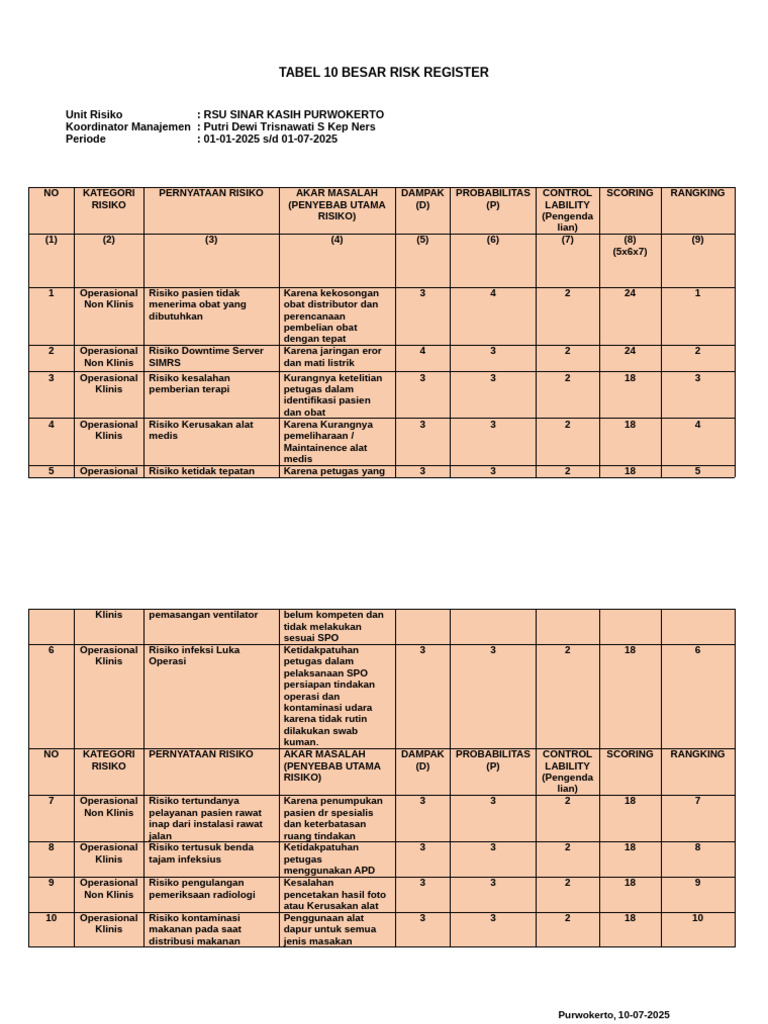 Tabel 10 Besar Risk Register Juli 2025 | PDF
