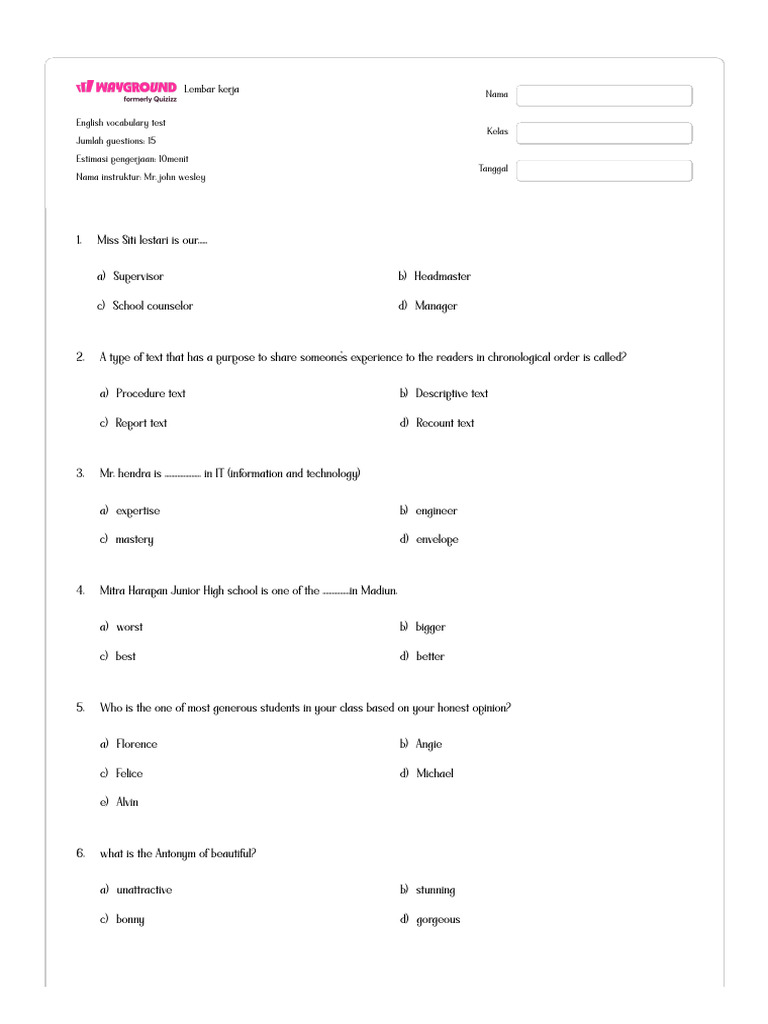 English Vocabulary Test Worksheet | PDF