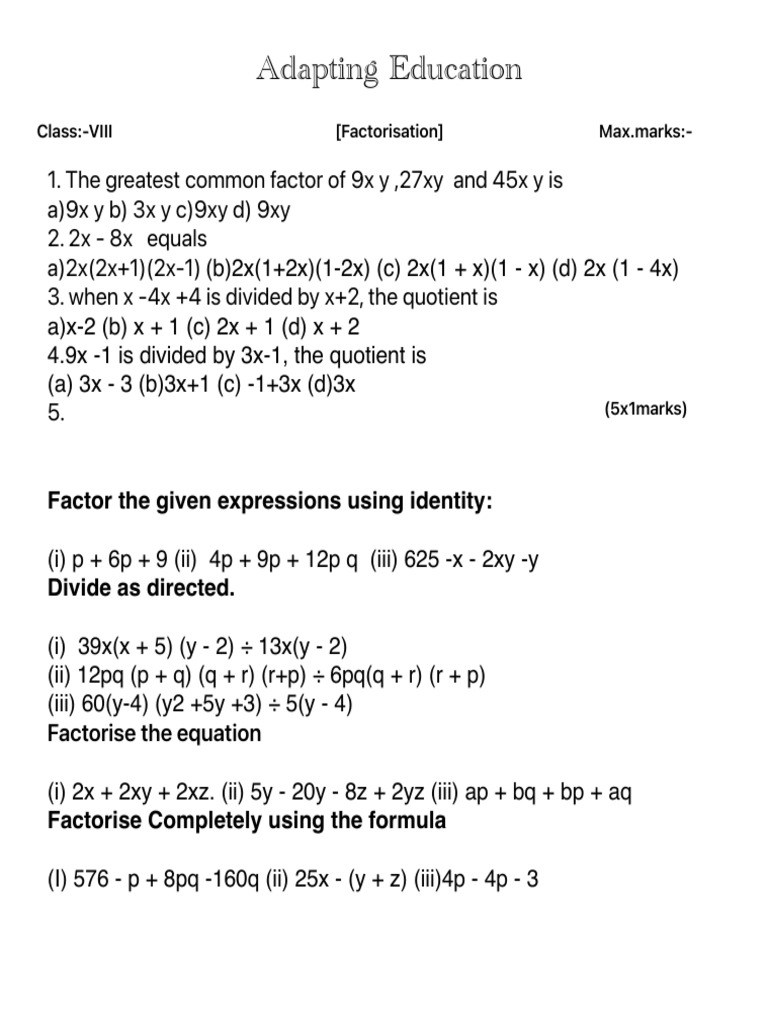 Math Test Factorisation Pdf