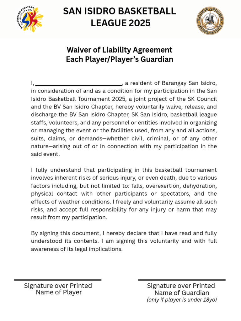 Basketball League Waiver Example | PDF