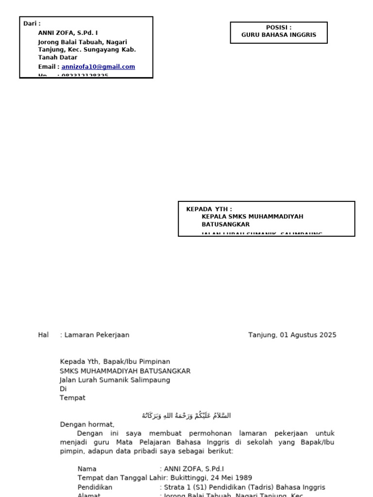 Surat Lamaran Anin | PDF