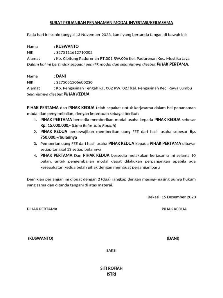 Surat Perjanjian Penanaman Modal Pdf