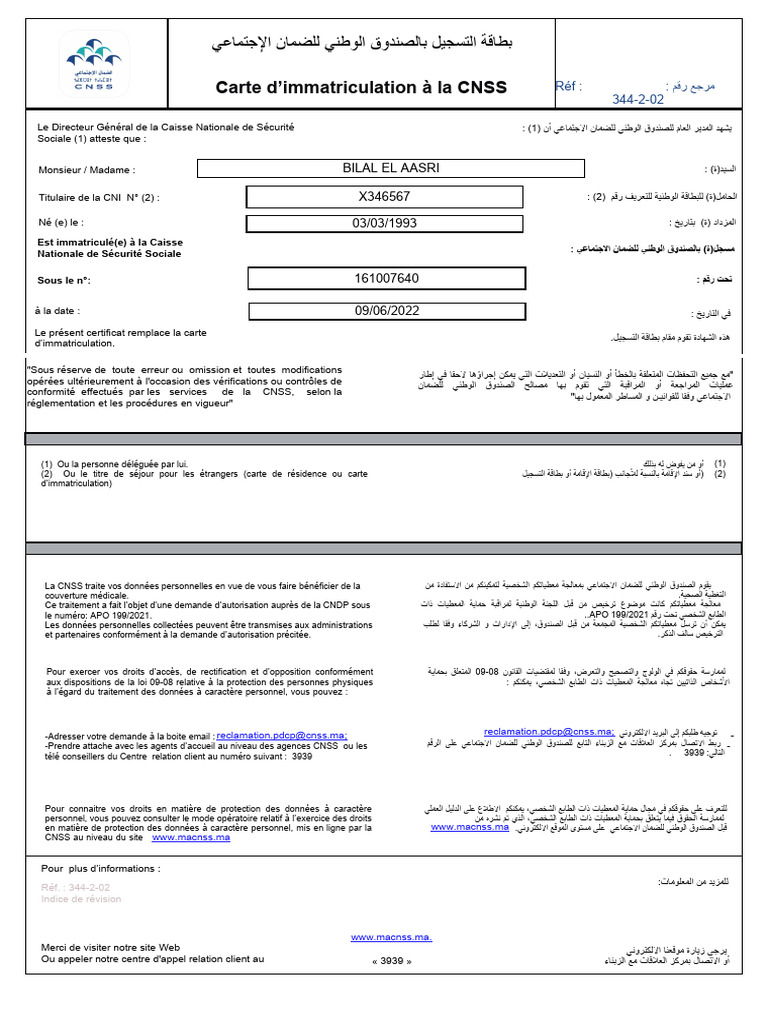 Certificat d'immatriculation CNSS | PDF