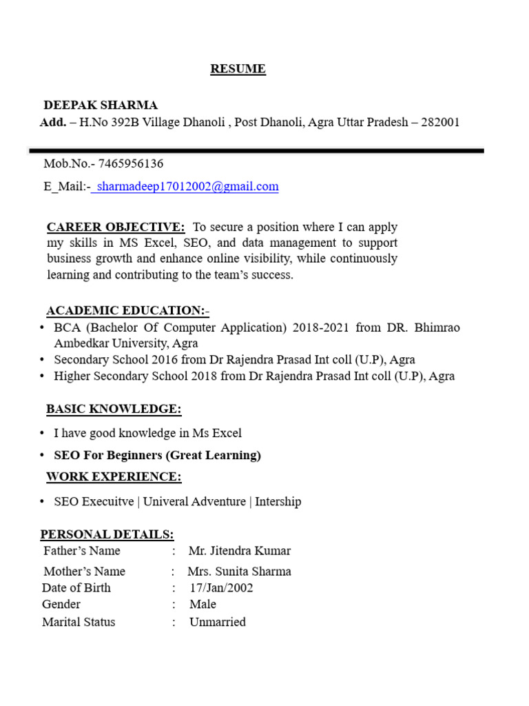 DEEPAK SHARMA RESUME 1.pdf Filename - ISO-8859-1''DEEPAK SHARMA RESUME 1-1 | PDF