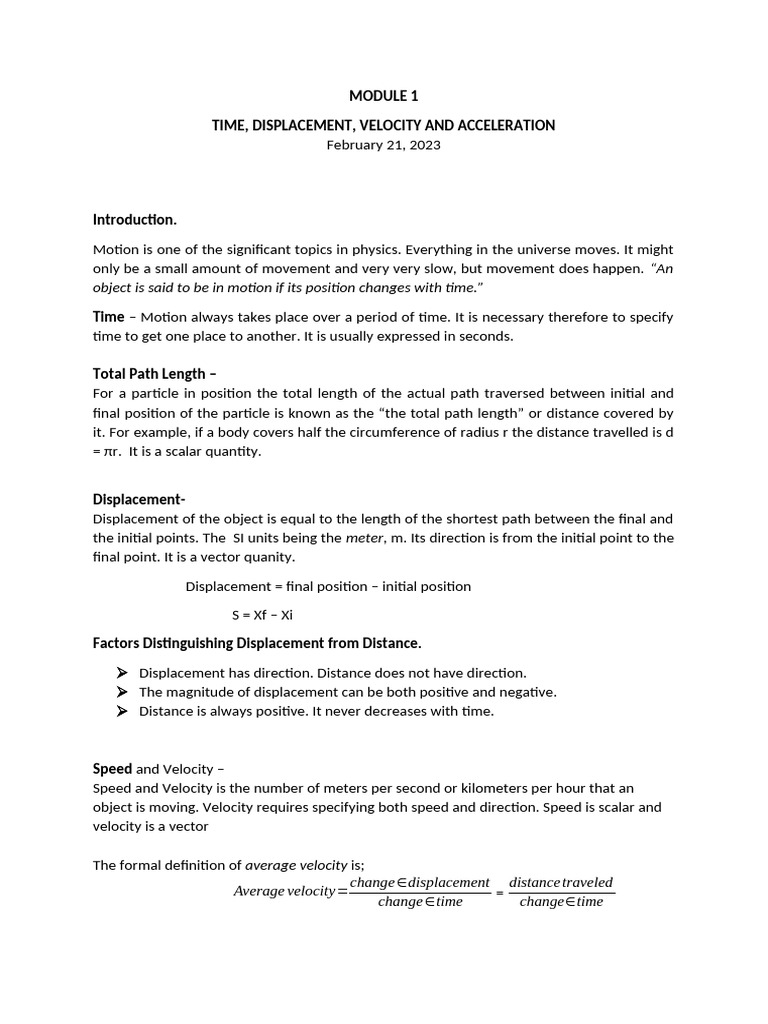 Module 1 Motion in Straight Line PositionJ Path Length 0 Displacement ...