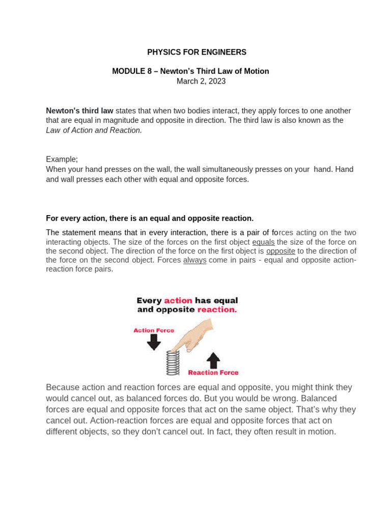 Module 8 Newtons Third Law of Motion | PDF | Force | Physical Quantities
