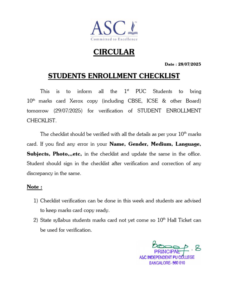 1st Puc Student Enrollment Checklist Verification | PDF
