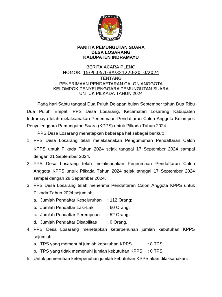 Berita Acara Pps Penerimaan Pendaftaran Kpps Fix | PDF