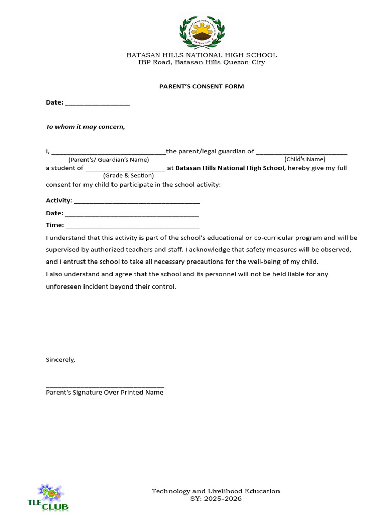 Parents Consent Form Tle Club 2025 | PDF