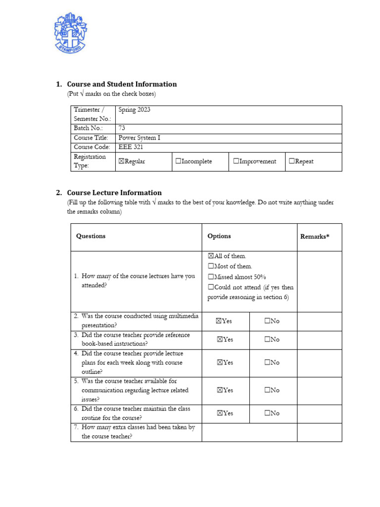 Stamford University Course Feedback Form | PDF | Teachers | Human ...