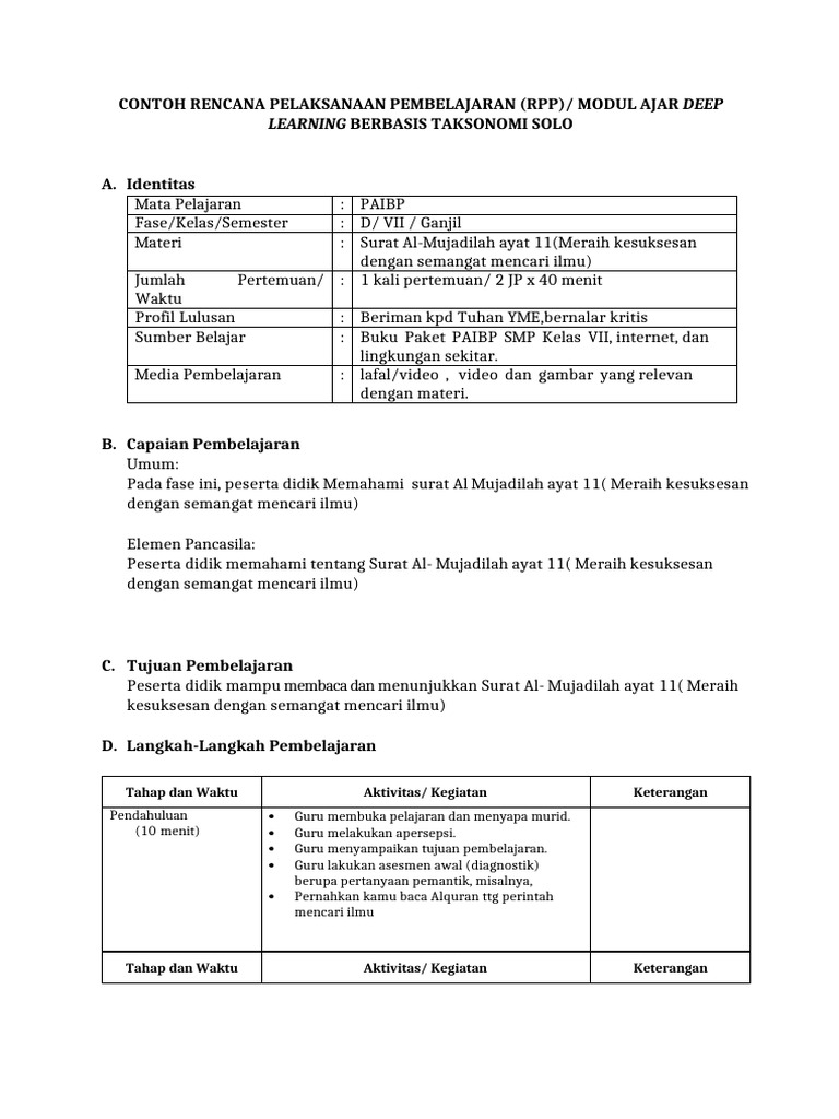 Contoh RPP MA Deep Learning Taksonomi SOLO_SMP | PDF