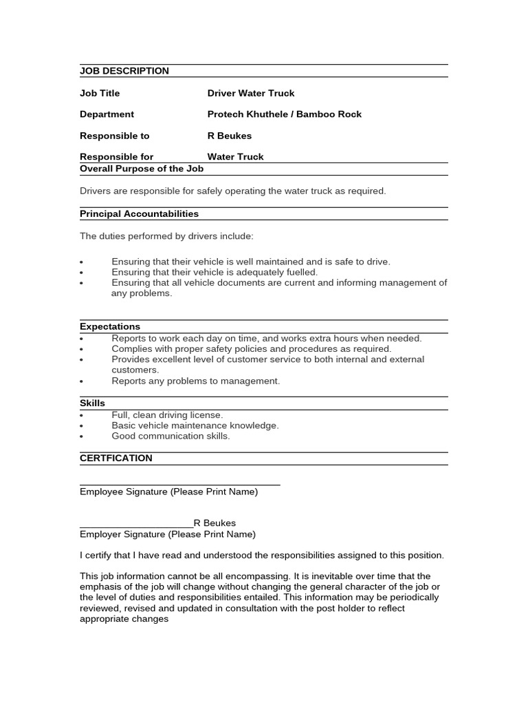 Water Truck Driver Job Description | PDF