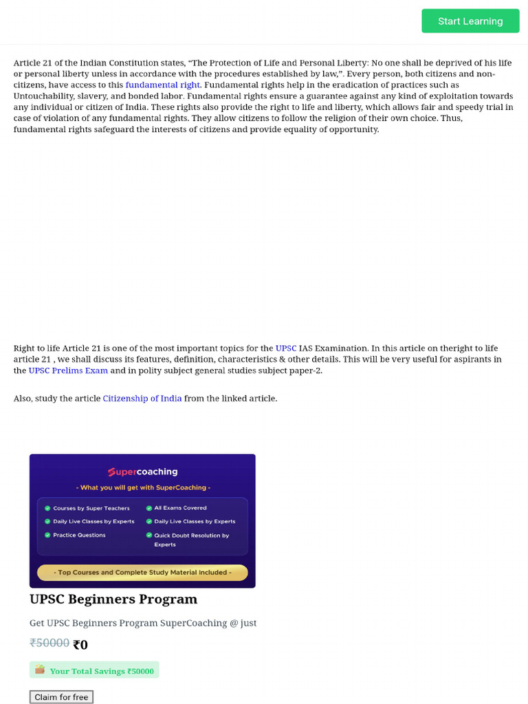 Right To Life (Article 21) - Meaning, Facts & More For UPSC Exam! | PDF