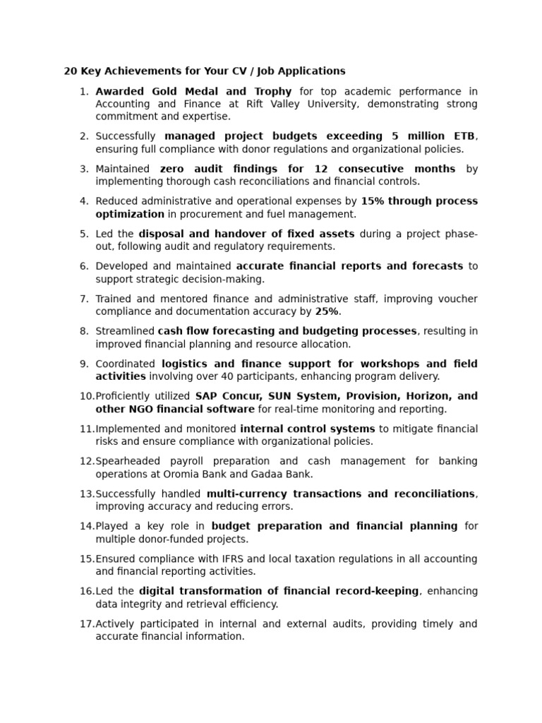 20 Key Achievements For Your CV | PDF | Regulatory Compliance | Audit