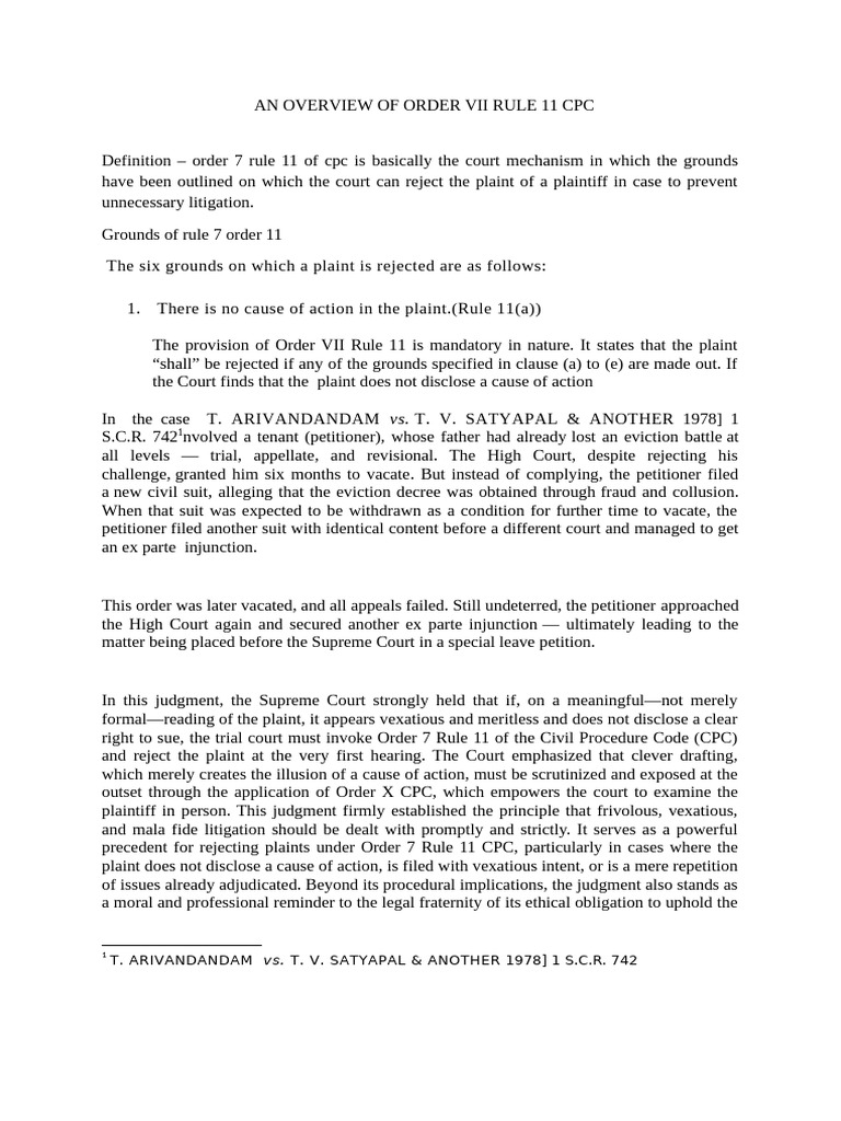 An Overview of Order Vii Rule 11 CPC | PDF | Lawsuit | Vexatious Litigation