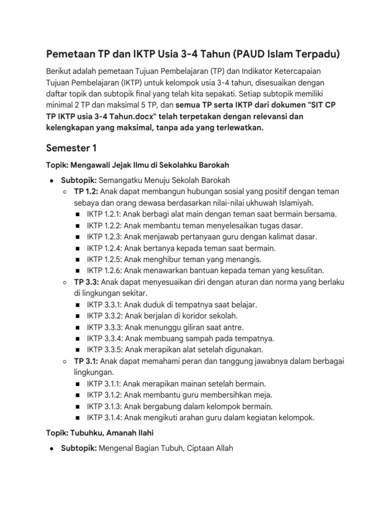 Pemetaan Usia 3-4 Tahun PAUD Islam Terpadu | PDF