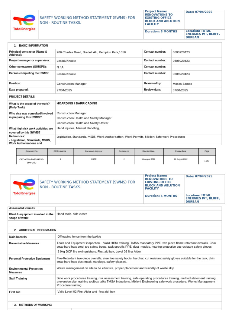 IVT Durban Method Statement Barrication | PDF | Personal Protective ...
