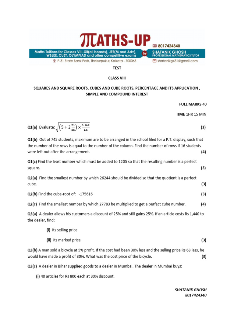 Test Class Viii Squares and Square Root, Percentage and Application ...