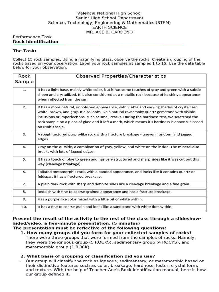 Rock Identification Performance Task | PDF | Rock (Geology ...