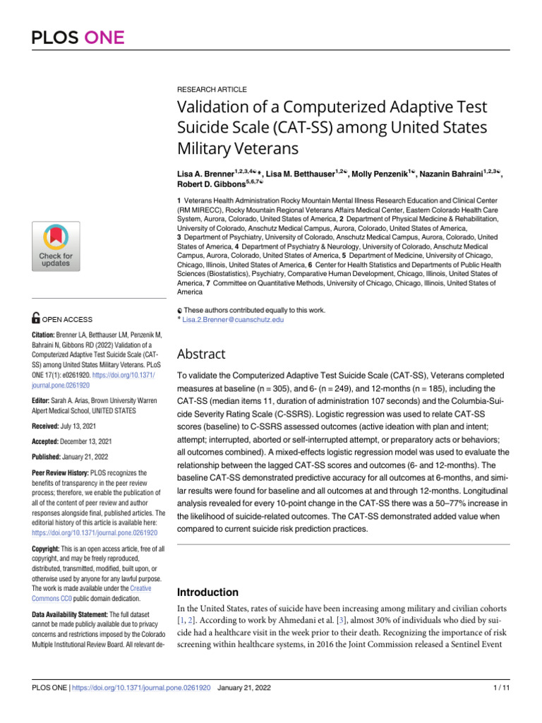 Validation of A Computerized Adaptive Test Suicide Scale (CAT-SS) Among ...