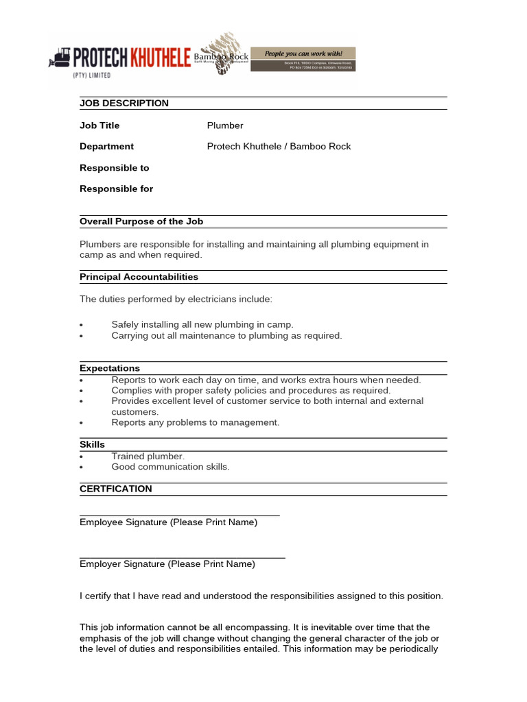 Job Descriptions - Plumber | PDF