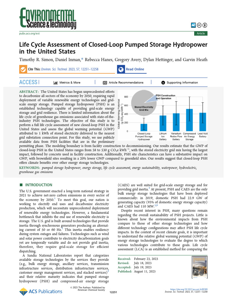Life Cycle Assessment of Closed-Loop Pumped Storage Hydropower in the ...