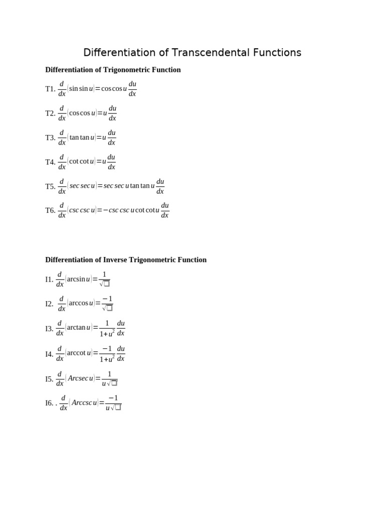 Differentiation of Transcendental Functions Formulas | PDF | Triangle ...