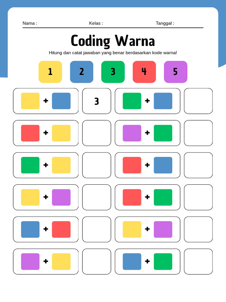 Fase A Coding Warna Lembar Kerja Putih Biru Sederhana | PDF