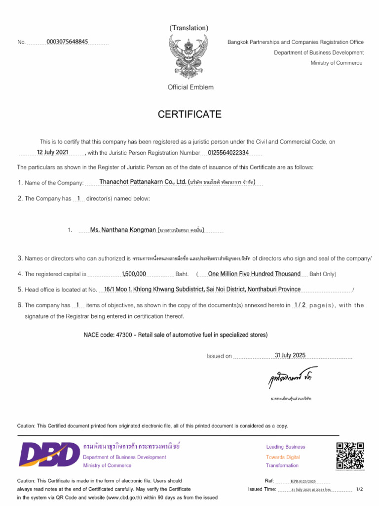 En THAI Company Certificate of Registration 2 | PDF
