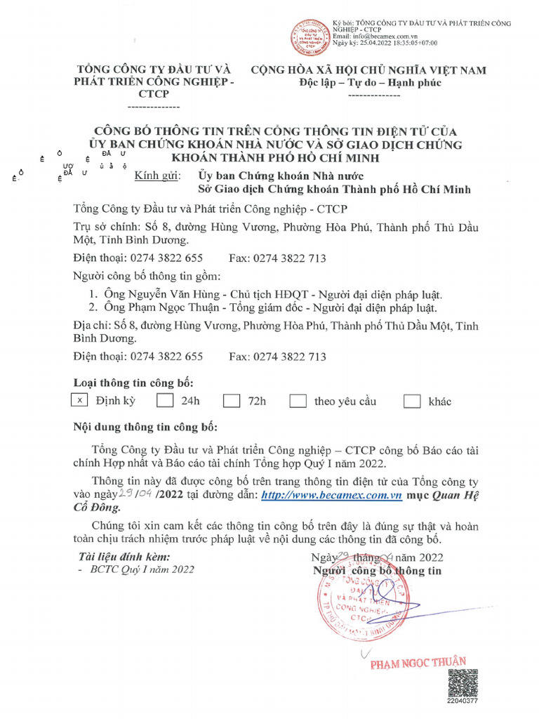 BCM - Cbtt-Bctc-Hop-Nhat-Quy-I-2022-Dk | PDF