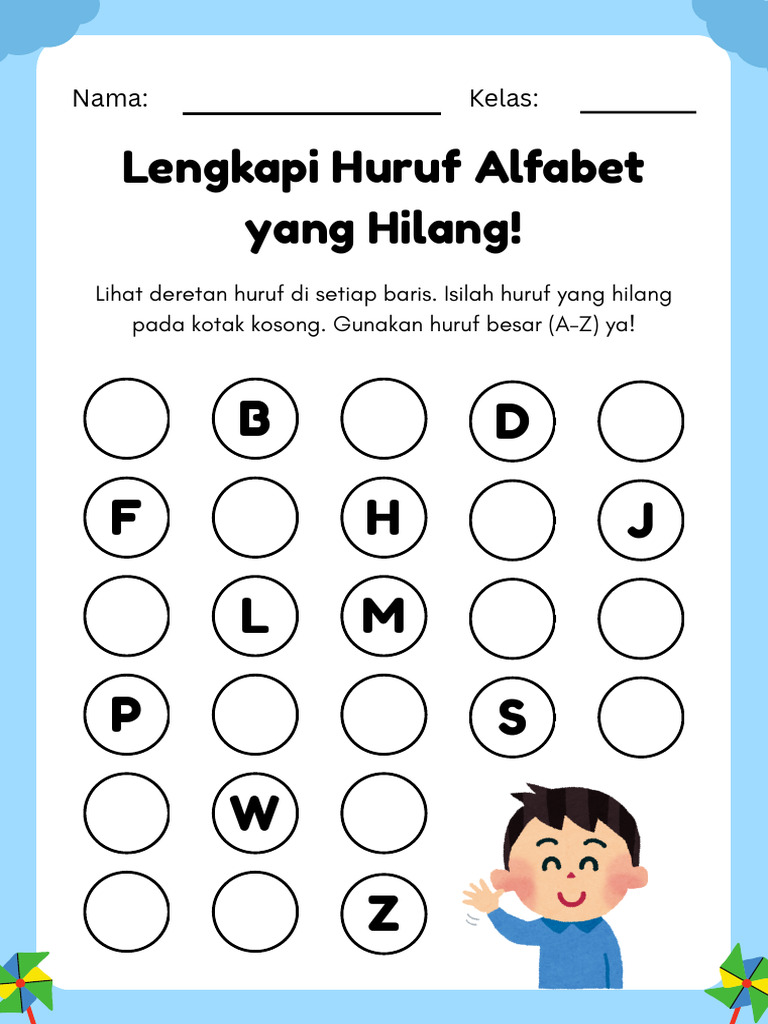 Lembar Kerja Melengkapi Huruf Alfabet yang Hilang Biru Ilustrasi (2) | PDF