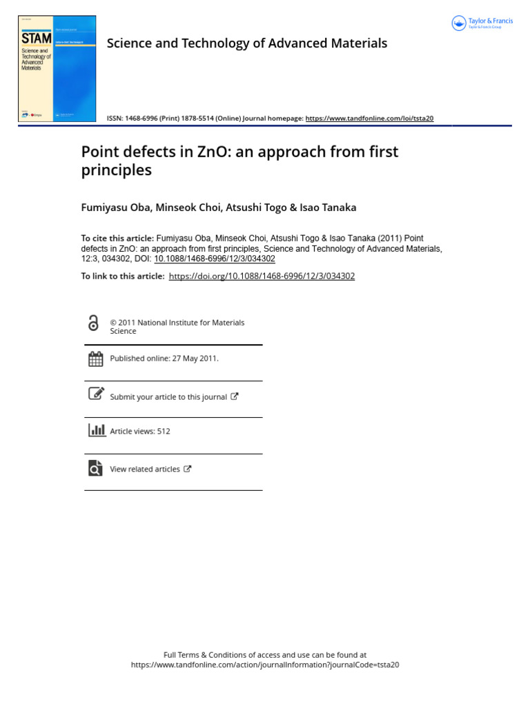 Point Defects in ZnO an Approach From First Principles | PDF | Density ...