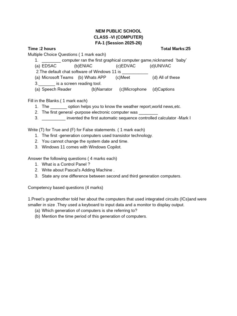Class VI Computer Exam (2025-26) | PDF