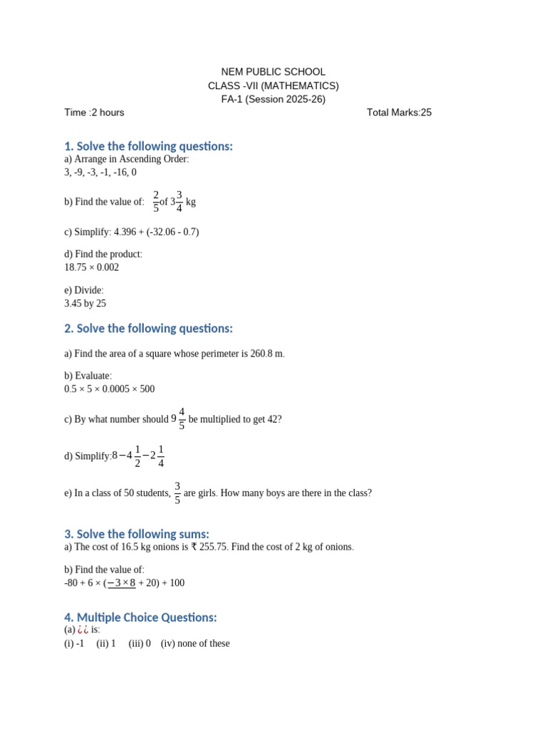Class VII Math Exam 2025-26 | PDF