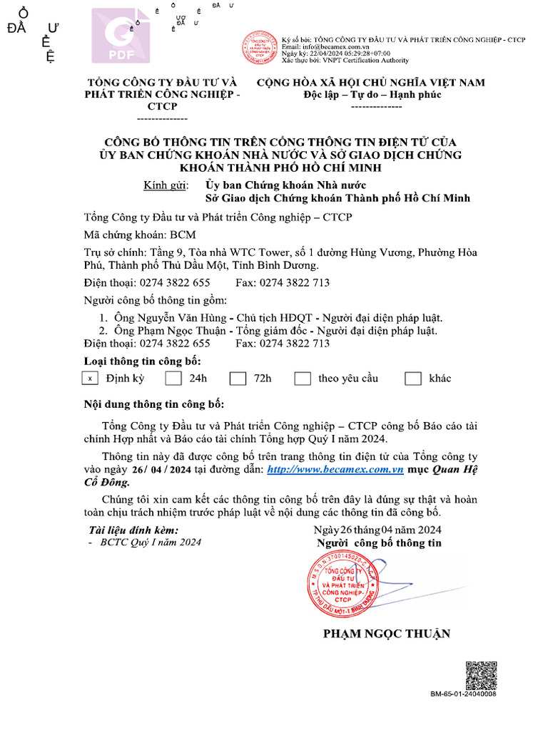 BCM - CBTT BCTC Hop Nhat Quy I 2024 | PDF