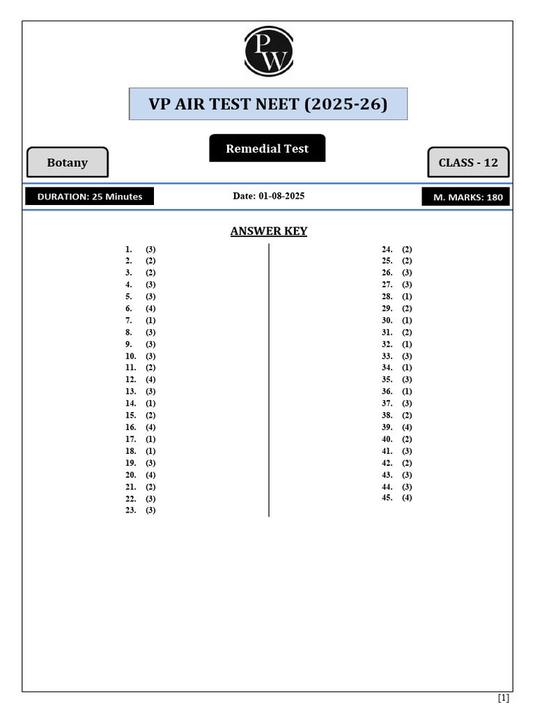 VP AIR Remedial Test-08 - Class-12th - Botany - NEET (2024-25) - 01-08 ...