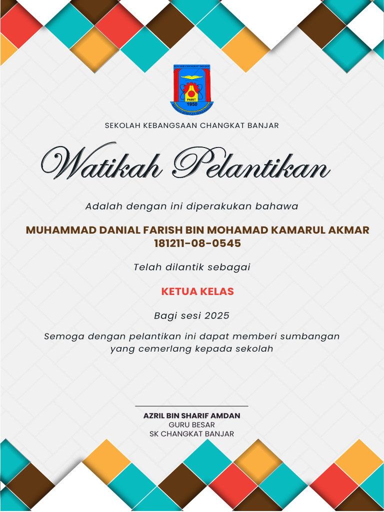 sijil KETUA KELAS | PDF