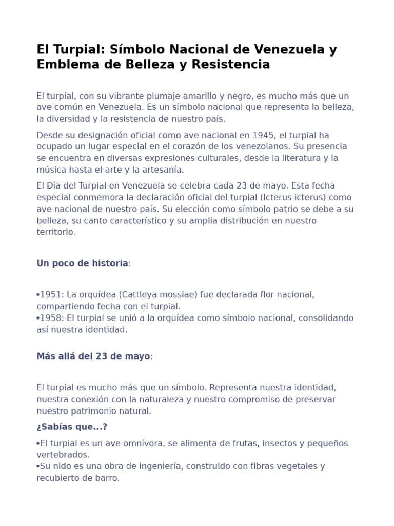 El Turpial: Símbolo Nacional de Venezuela | PDF