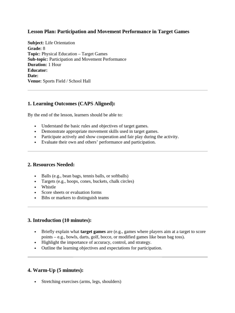 Target Games Lesson Plan for Grade 8 | PDF | Lesson Plan | Learning