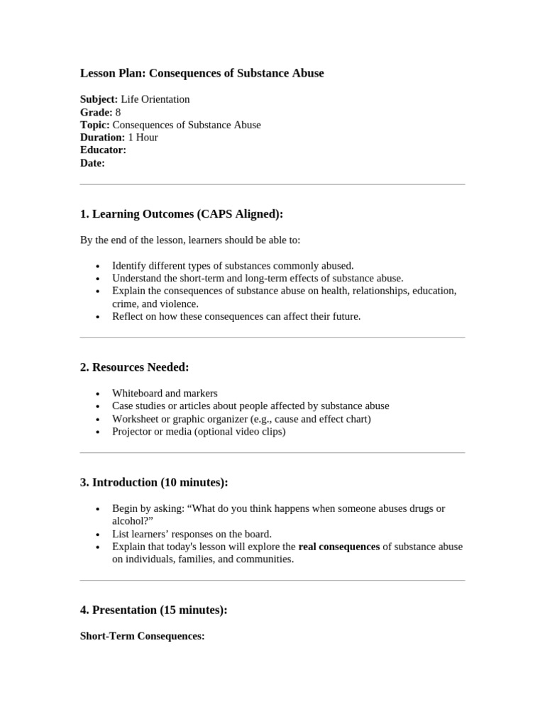 Lesson Plan 6 LO Grade8 Substance Abuse | PDF | Substance Abuse | Learning