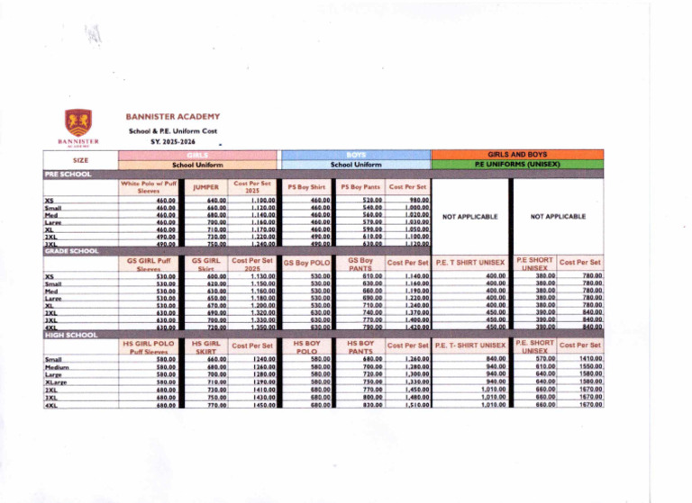 Uniform Rates SY 2025-2026 | PDF