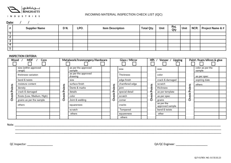IQC Incoming Material Inspection Form | PDF | Applied And ...