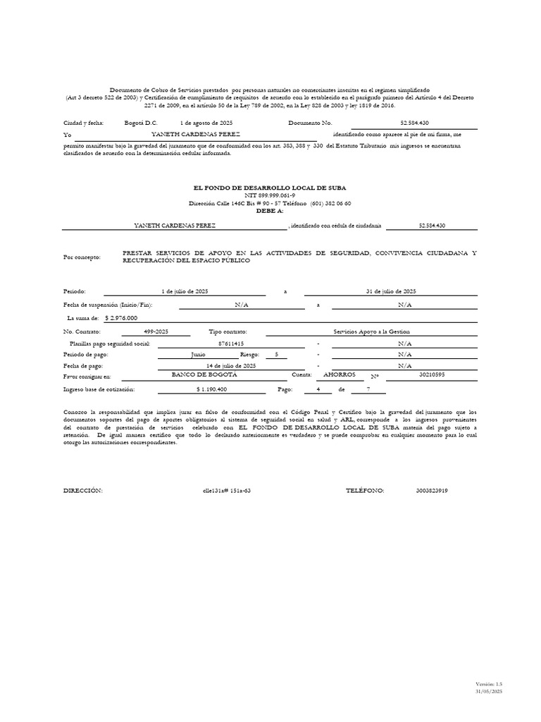 Cuenta de Cobro Julio Yaneth | PDF